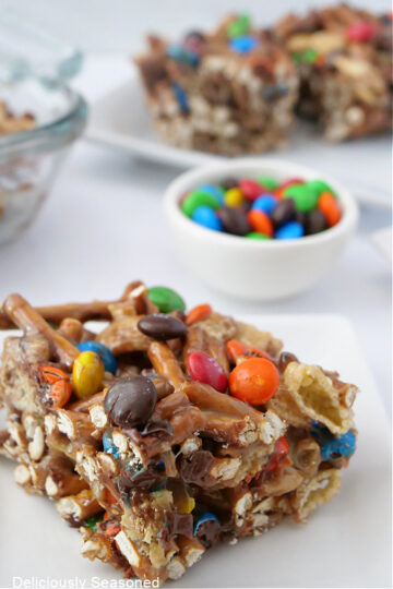 Chex Mix Bars with Pretzels and M&Ms - Deliciously Seasoned