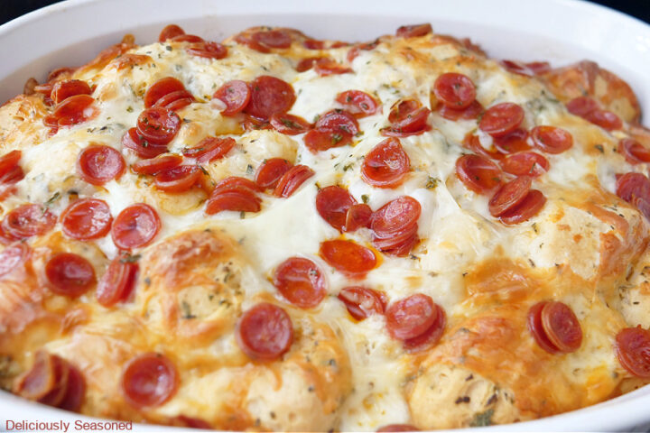 Pizza Monkey Bread Casserole with Mini Pepperonis